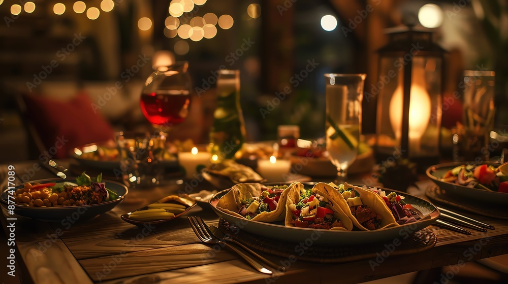 Cozy evening dinner setup with tacos, drinks, and ambient lighting ...
