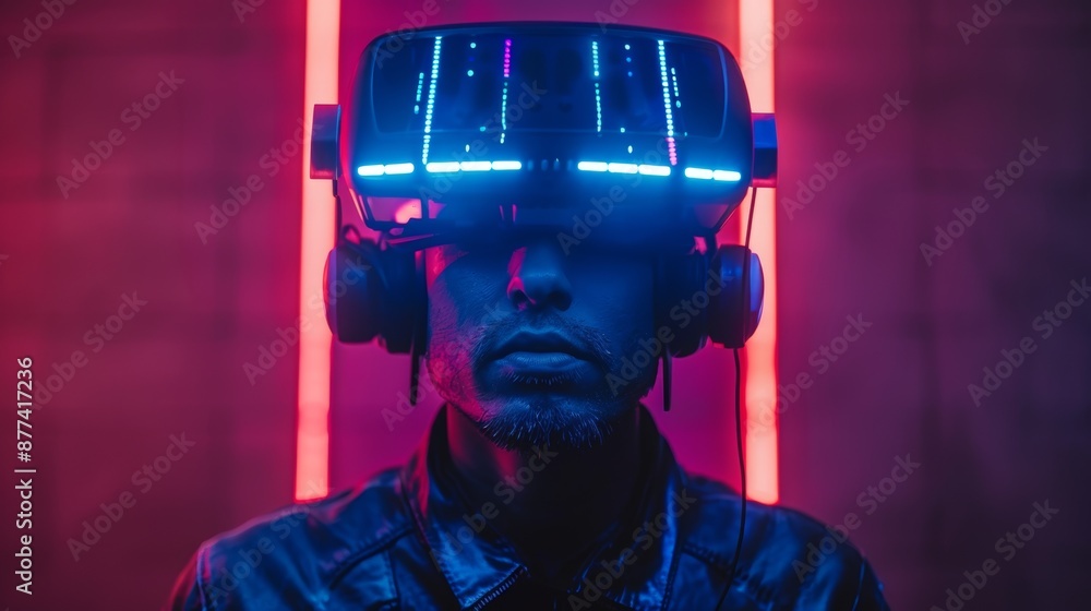 an individual with a blank stare wearing a helmet with glowing lights ...