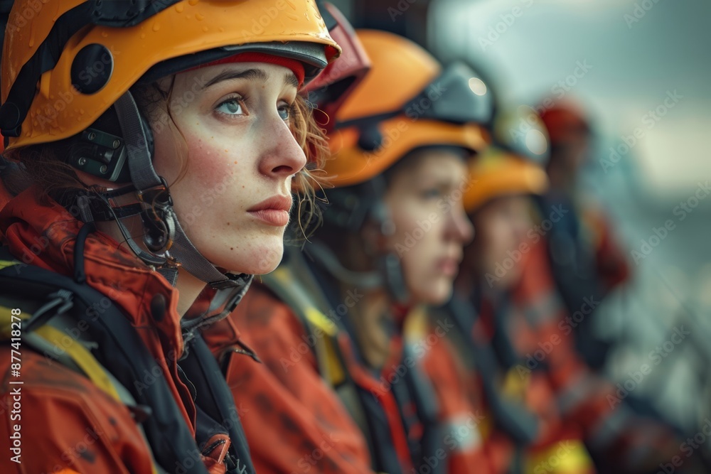 Female ground staff in orange helmet and uniform, looking pensive ...