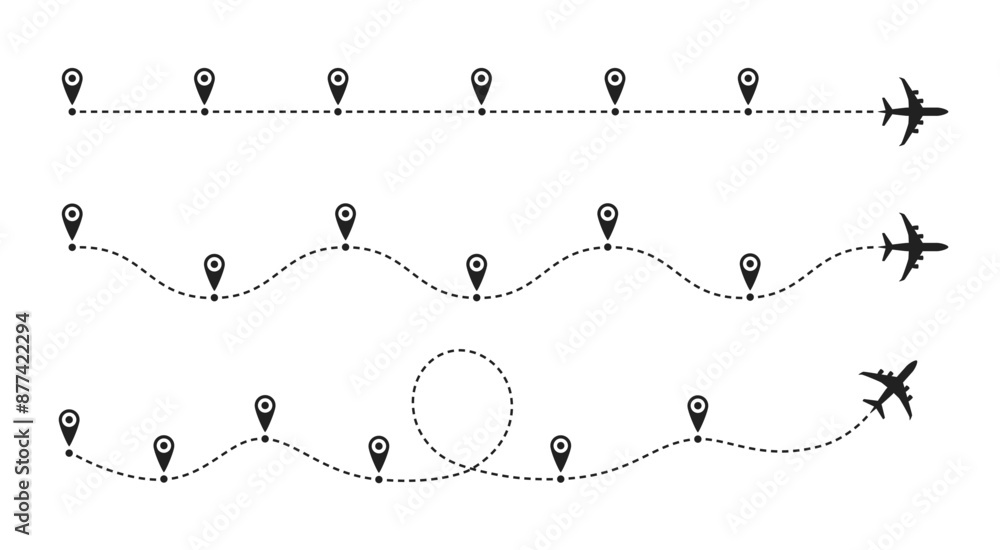 Timeline plane route. Flight paths with dashed line and airplane icons ...