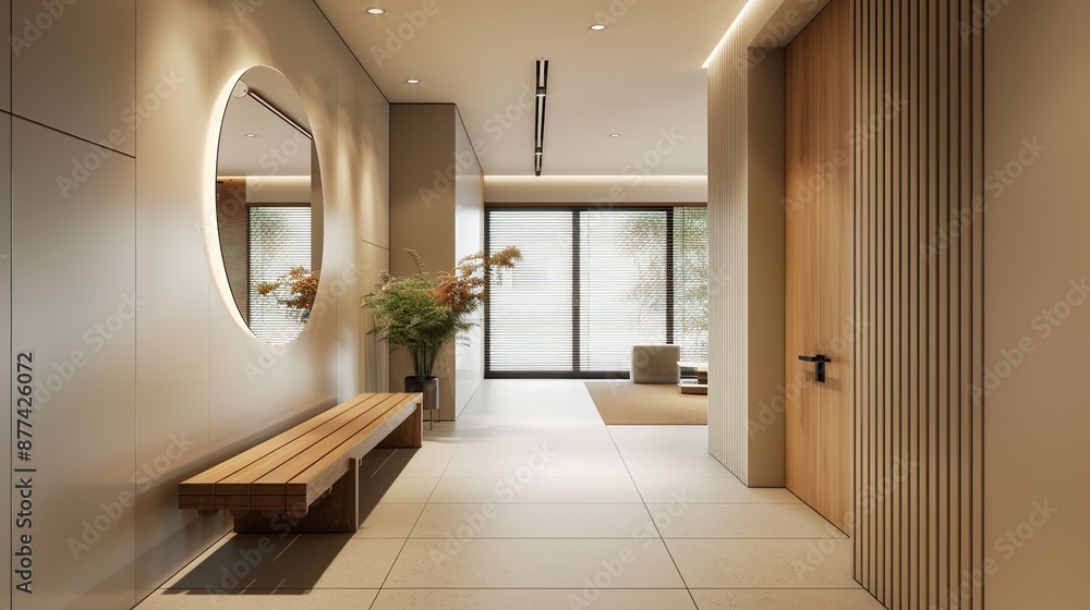 a modern, minimalist hallway leading to a living room. The hallway should have clean lines, a ...