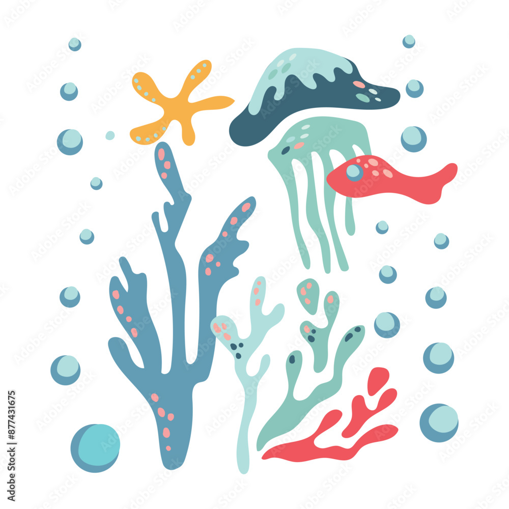 Undersea world. Abstract sea elements underwater on a white background ...