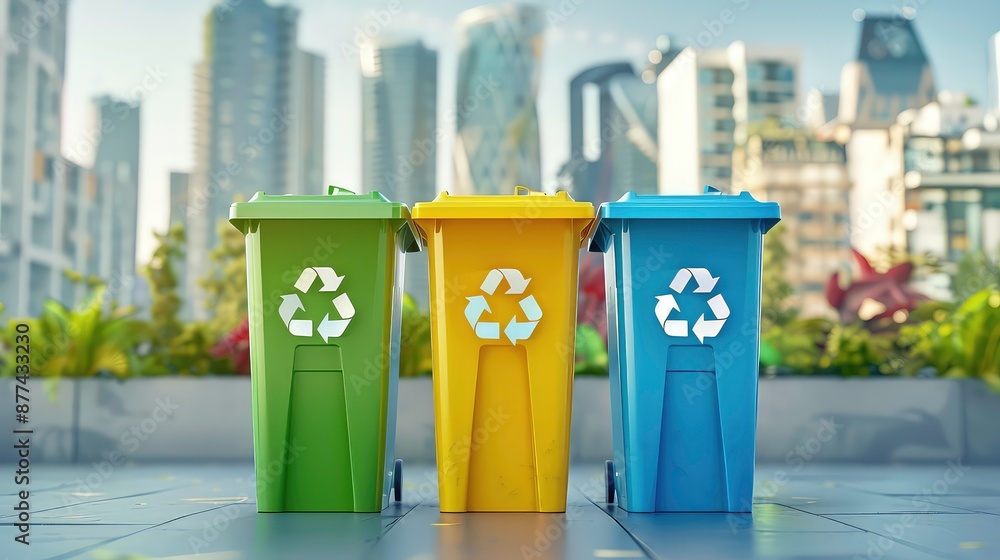 Container trash bin for recycling with city background. Yellow, green ...
