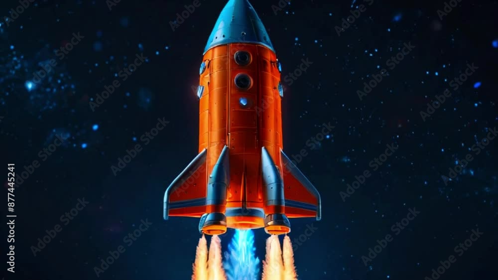 This is an illustration of a cartoon rocket with blue flames shooting ...