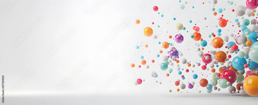 Colorful 3D spheres and particles burst on a white background, creating ...