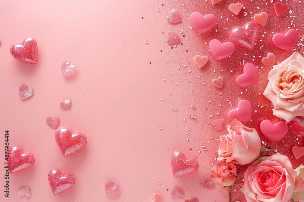 Top view shiny glitter hearts and red rose flower frame illustration ...