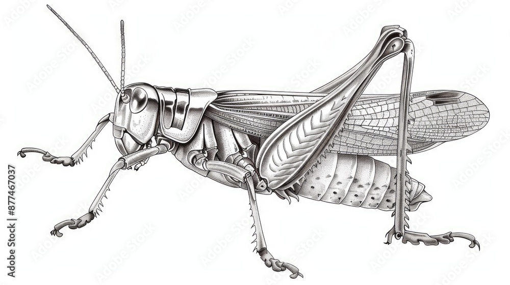 Detailed black and white illustration of a grasshopper, showcasing ...