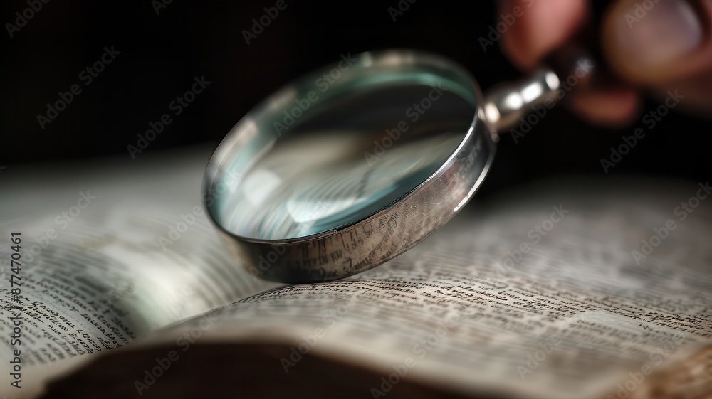 A detailed close-up of a hand holding a magnifying glass over an open ...