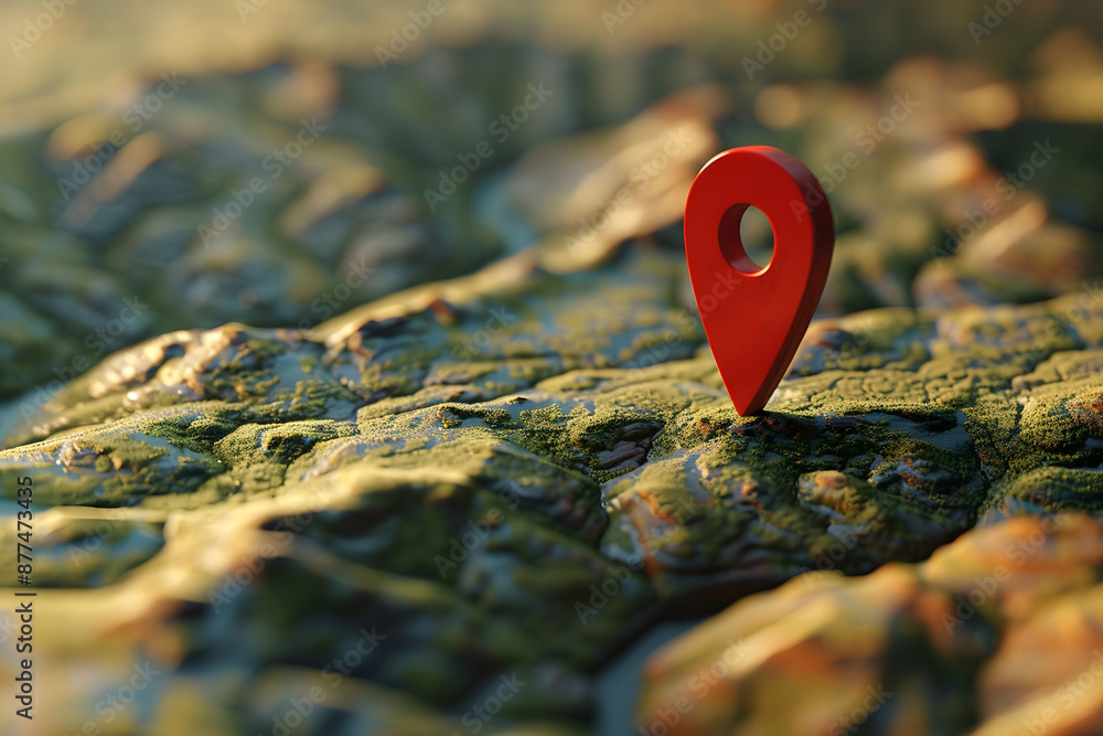 3D rendered image of a red location pin on a green topographic map ...