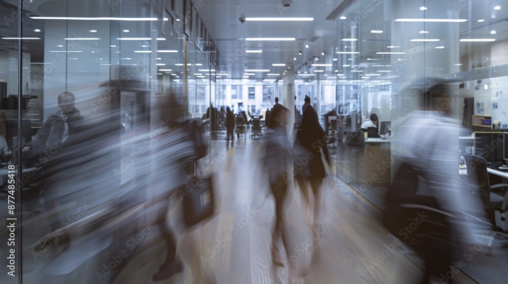 Bustling corporate office with blurred figures moving through glass ...
