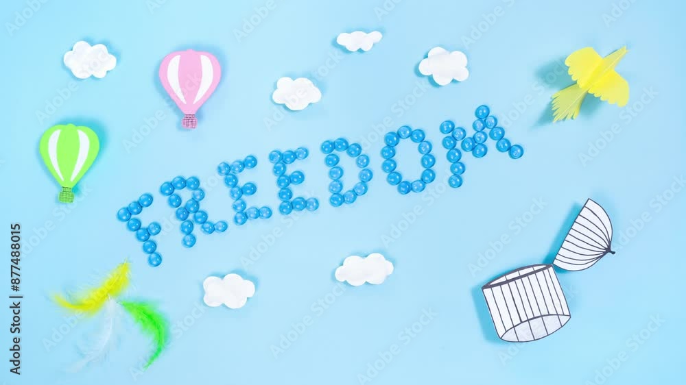 Freedom concept. On a blue background, following flying yellow bird ...