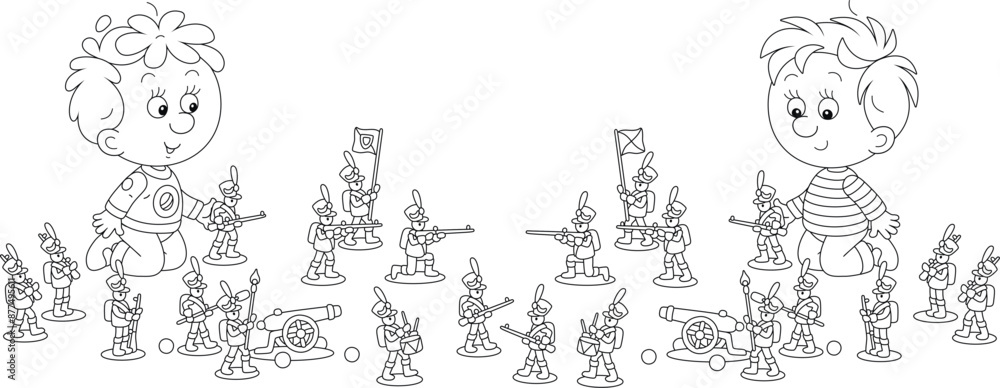 Happy little boys playing with toy soldiers and leading their small ...