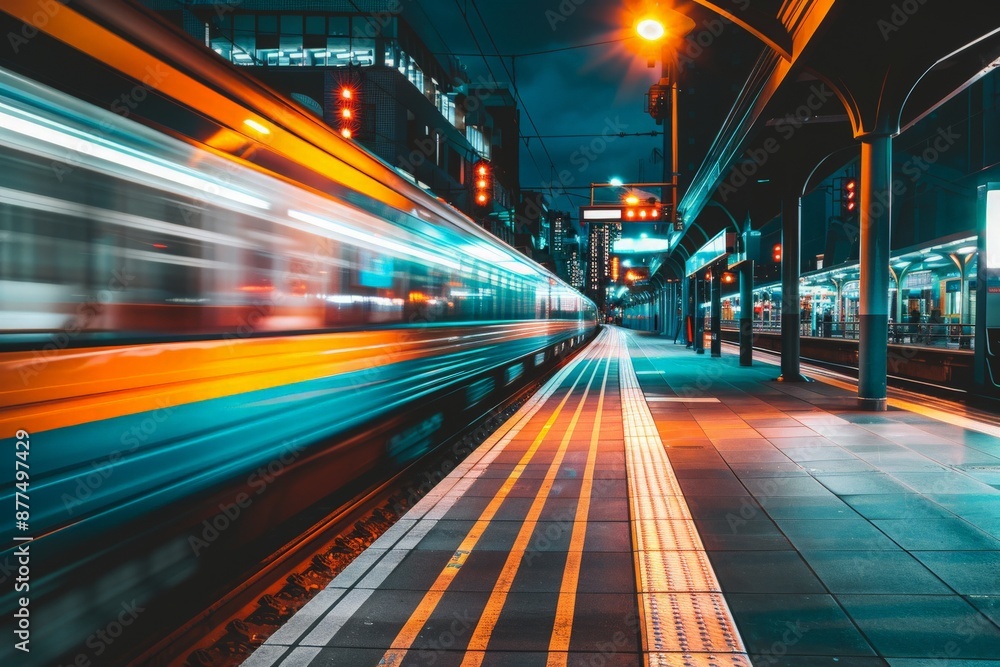 Brightly lit train station platform with a blurred moving train ...