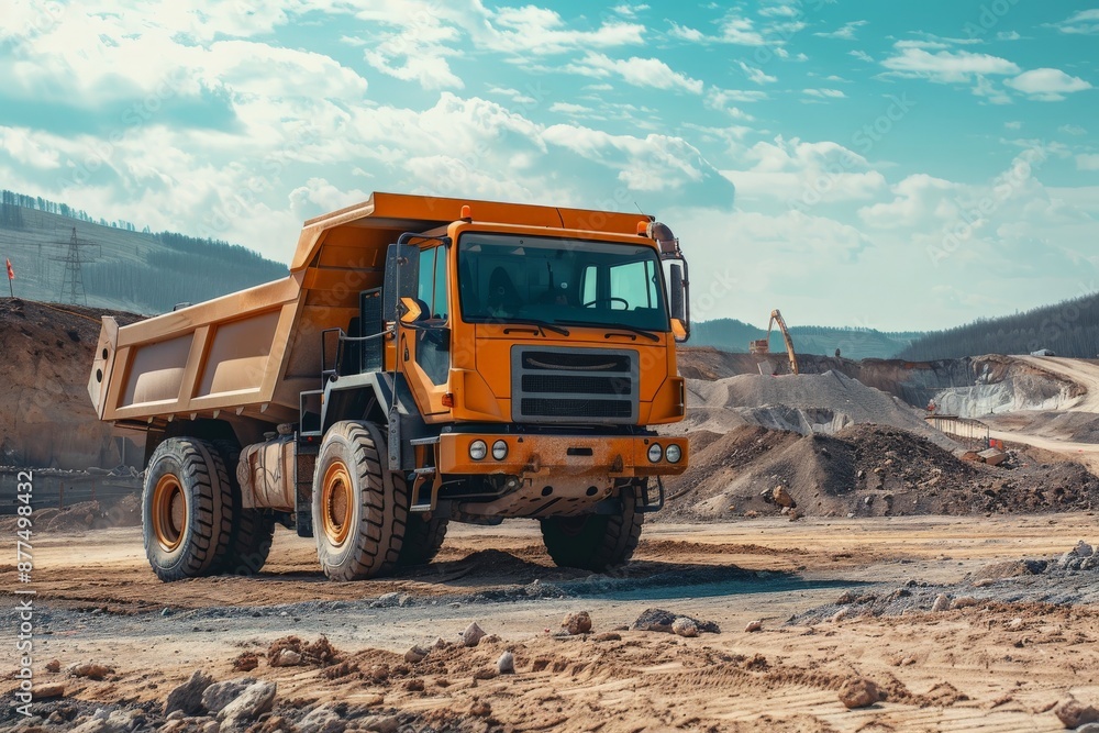 Heavy-duty dump truck in a clean, barren construction site, emphasizing ...
