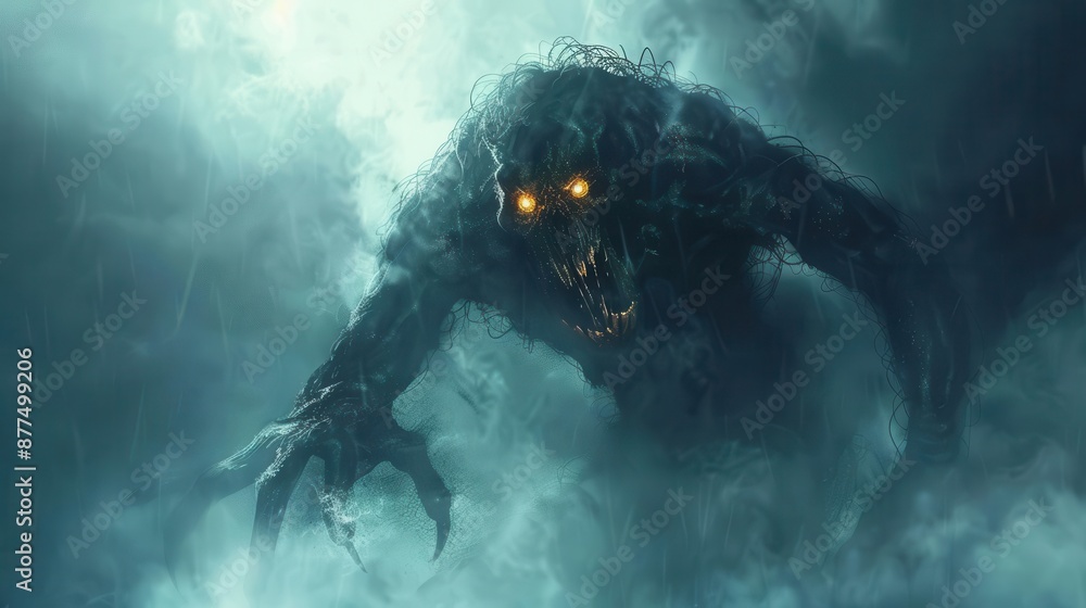 nightmarish monster emerging from shadows grotesque features glowing ...