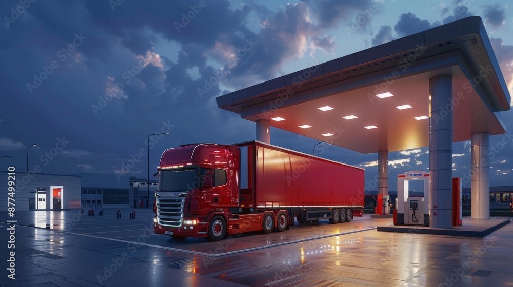 Modern fuel transport truck parked at a clean refueling station ...
