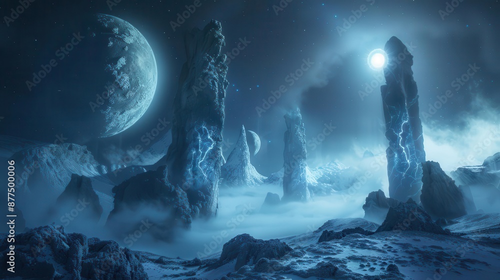 otherworldly alien landscape towering crystalline rock formations ...