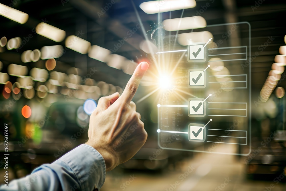 Checklist for Success - A hand touching a digital checklist with checkmarks on a blurry ...