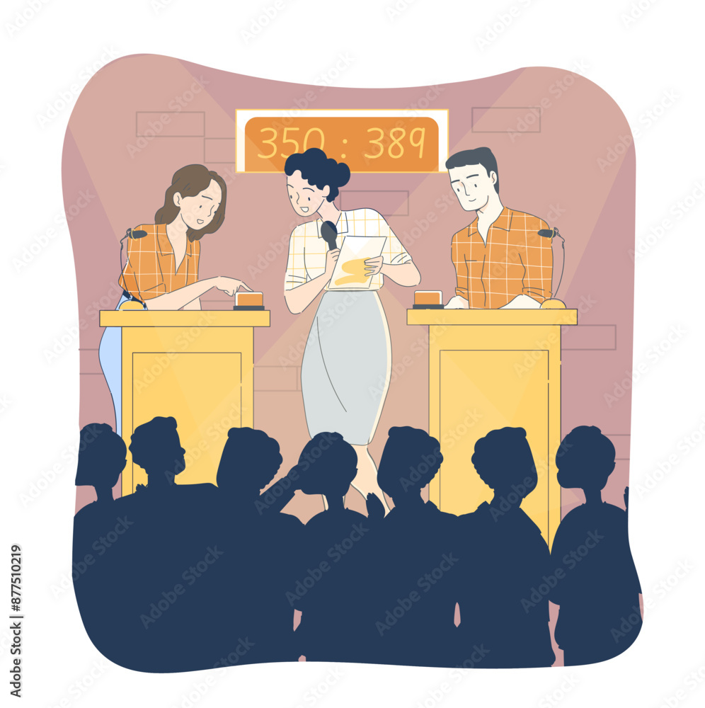 Quiz game concept. Woman and man answer presenters questions. Test for ...