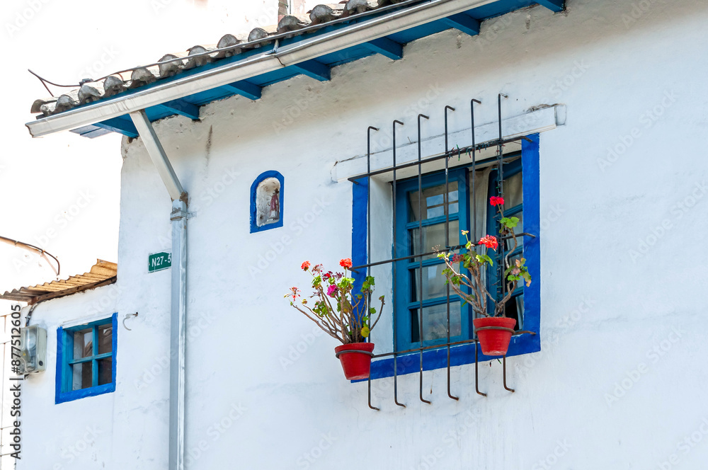 Old traditional Ecuadorian window, with bars on it, flower pots and ...
