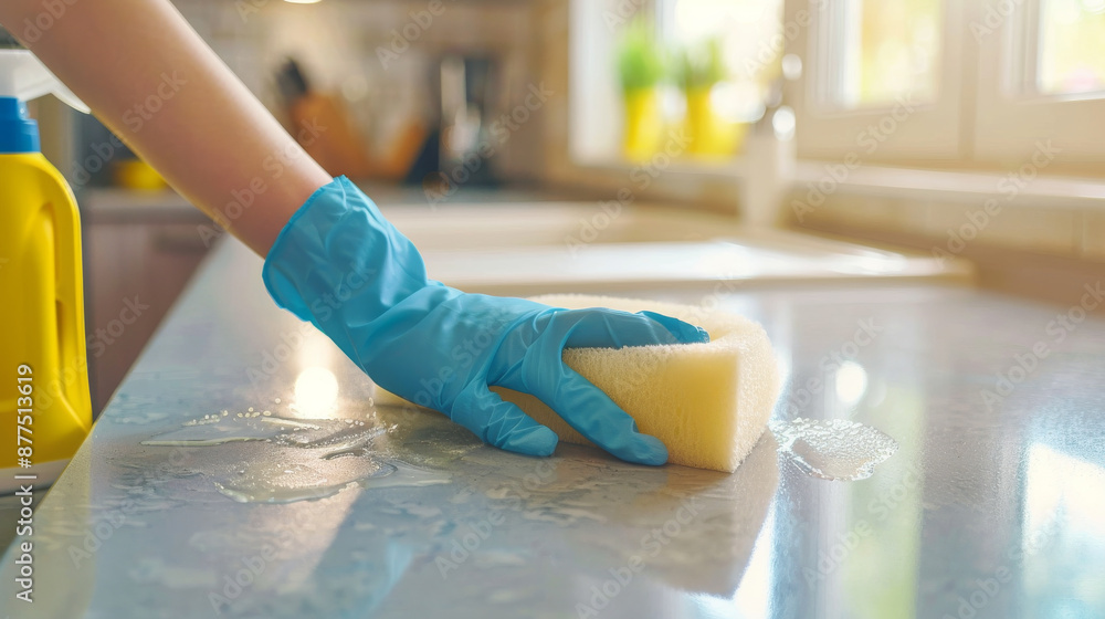 A blue gloved hand scrubbing a kitchen counter with a sponge, capturing ...