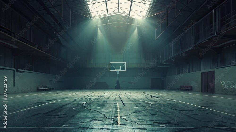 Abandoned basketball court with broken backboard in eerie setting Stock ...
