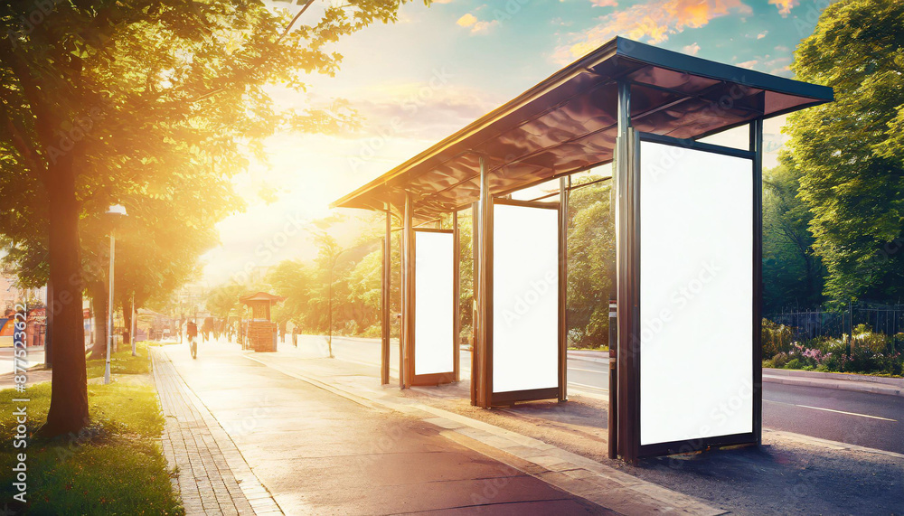 White bus stop billboard poster in a station with cars in moving in the ...