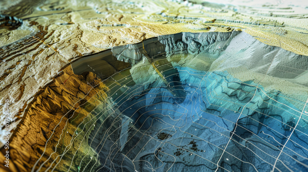 A detailed geological map representation showing varied elevations and ...