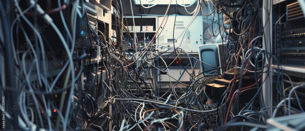A chaotic tangle of wires and electronic equipment in a server room ...