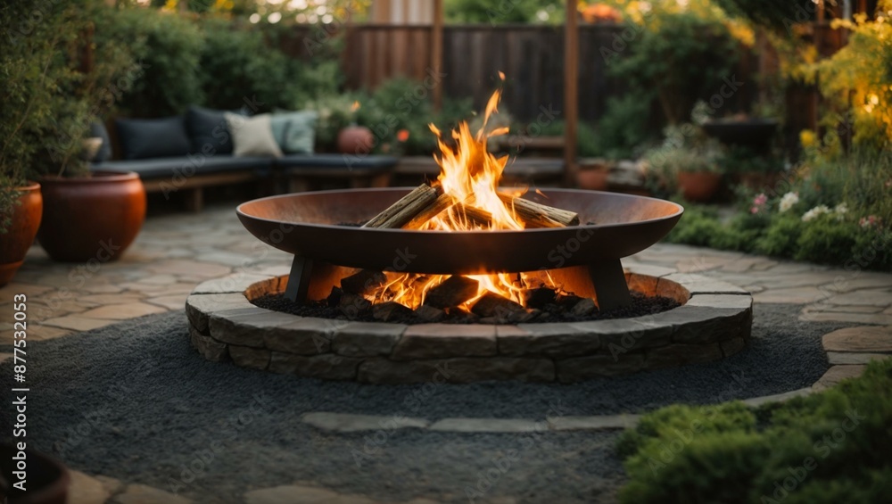 A contemporary fire pit with a roaring fire, set in a cozy patio area ...