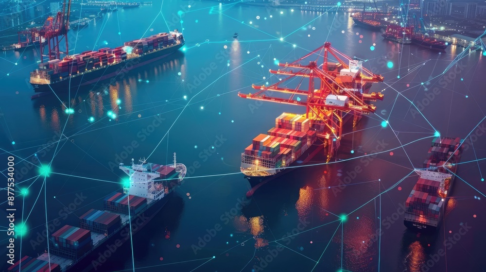 Global network map with container ships and ports highlighted, vibrant ...