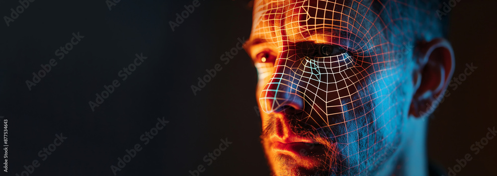 Portrait of man with wireframe overlay for deepfake technology. Facial ...