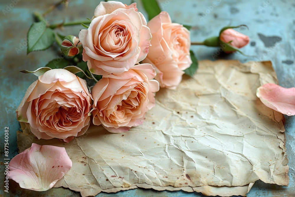Vintage Roses with Old Paper Background, Romantic Floral Arrangement ...