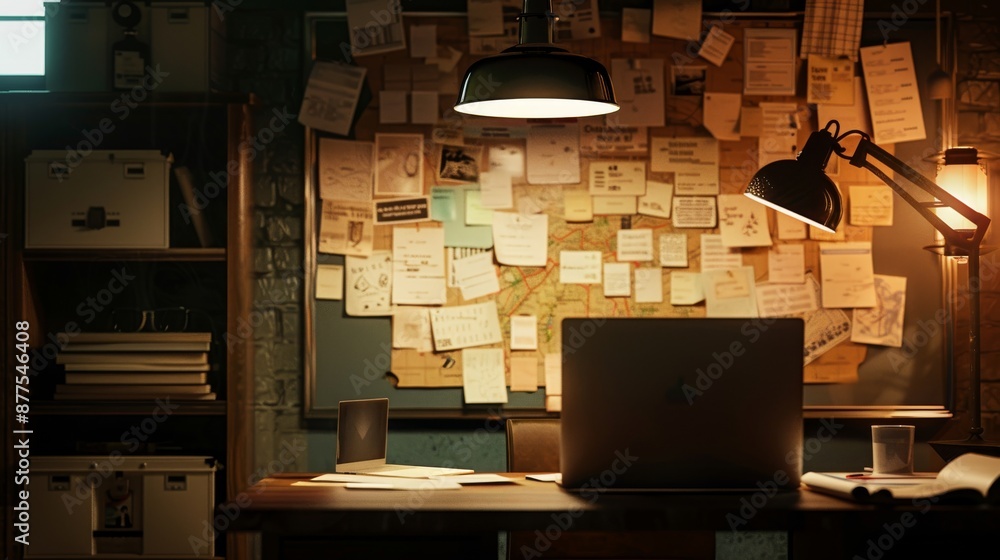 Crime evidence board with investigation process map lit with desk lamp ...