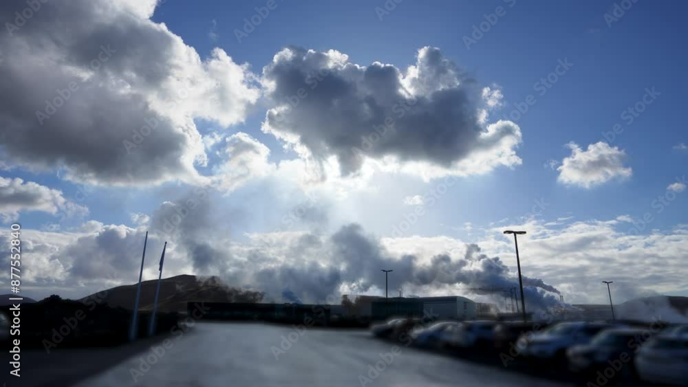 White steam plumes rise from the geothermal area under a blue sky with ...