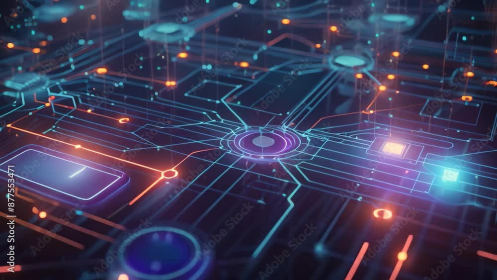 Close Up View Of Electronic Circuit Board With Data Transfer Signals And Connections Graphical
