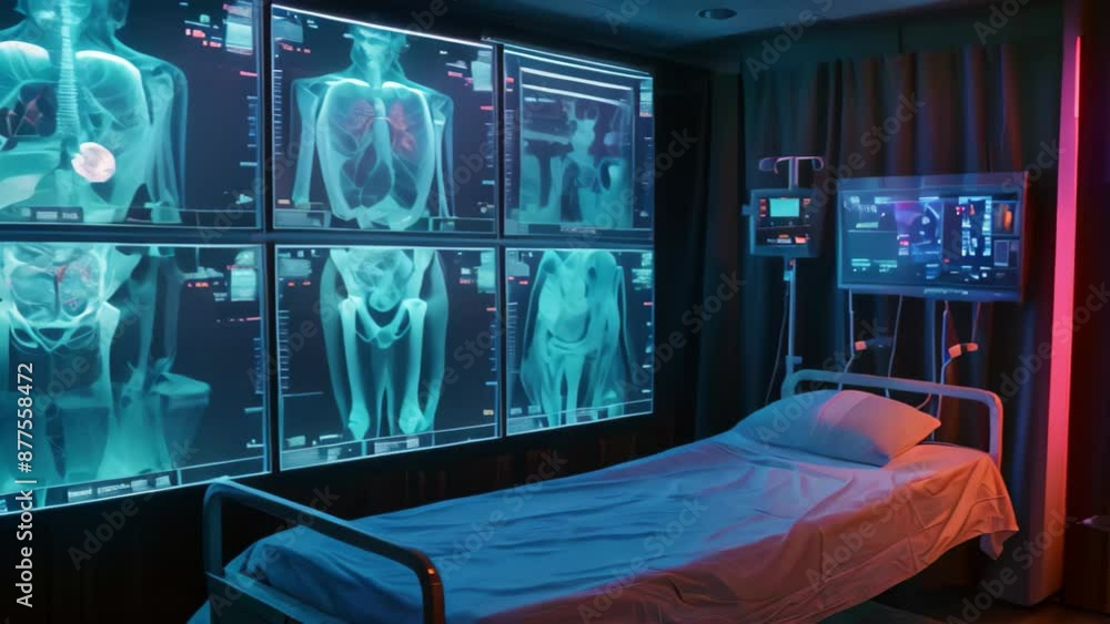 Hospital Room With X-Rays, Holographic screens displaying vital signs ...