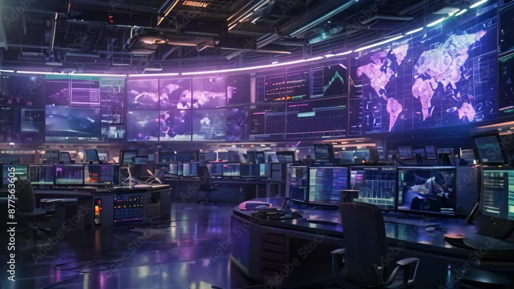 A futuristic control room filled with multiple monitors for monitoring and managing cyber ...