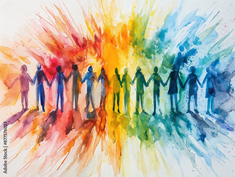 Silhouettes of people holding hands in a colorful and diverse ...