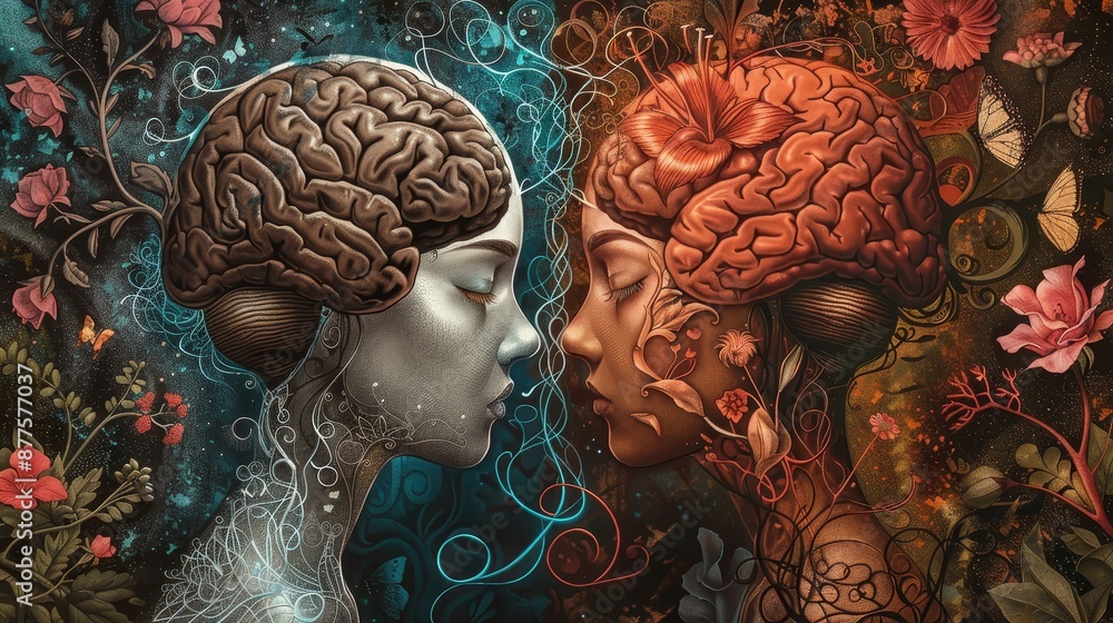 Two Brains, Two Worlds, One Mind - A digital art piece depicting two ...