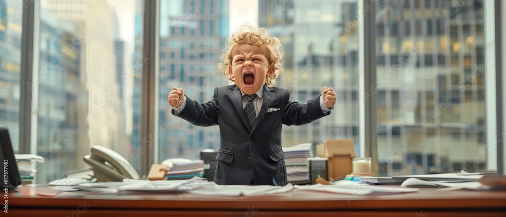A young angry child dressed in a business suit is yelling in an office ...