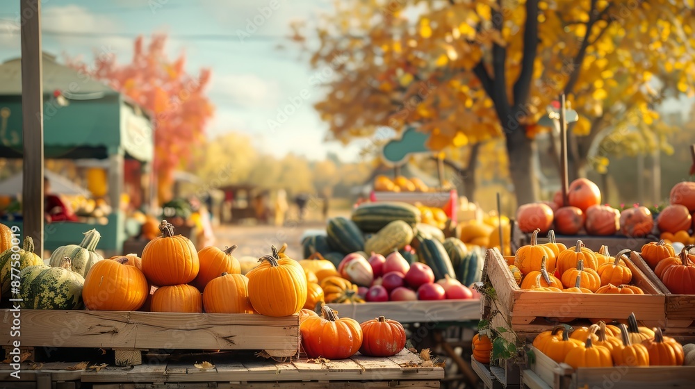 Autumn Market Stalls Filled with Pumpkins - Close-up view of a market ...