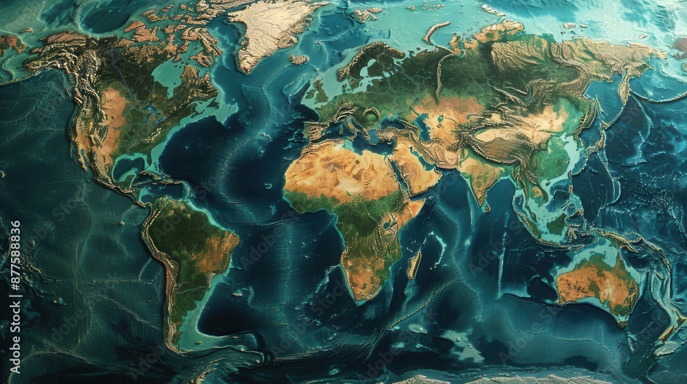 Detailed topographic world map depicting continents, oceans, and ...