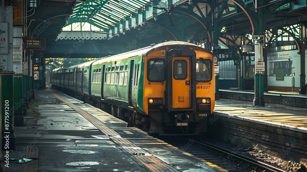 Foto de Railway train in green and yellow livery stands with its doors ...