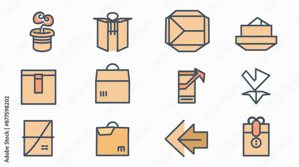 Box line icons set featuring cardboard boxes, mailing packages with ...