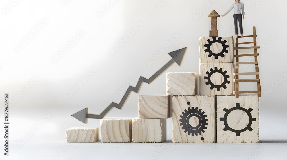 Wooden blocks with an upward arrow and growth chart, a gears icon on a ...