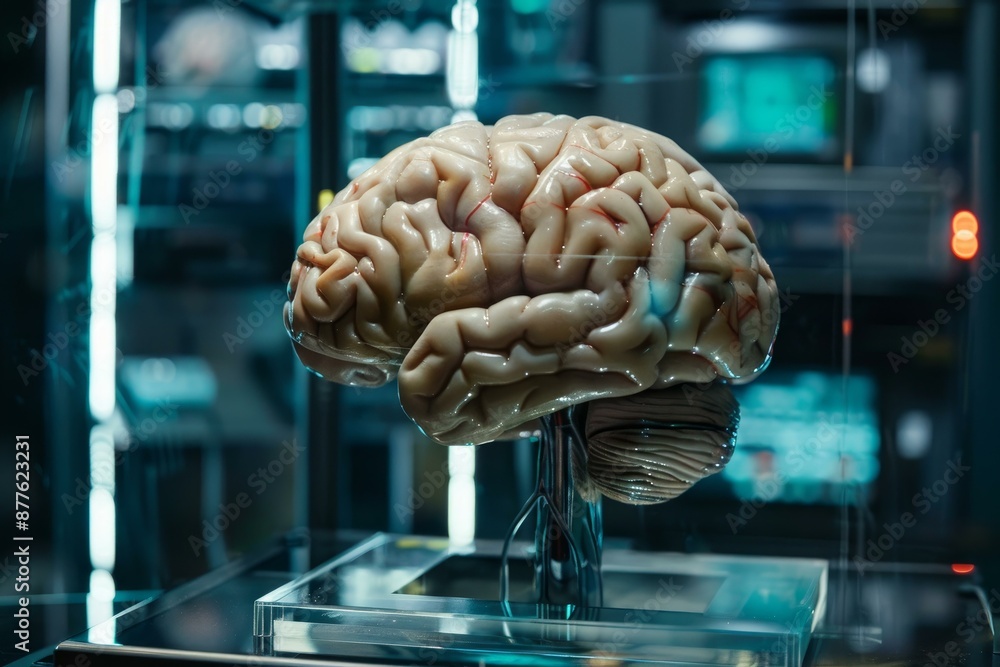 Real human brain preserved and encased in glass, being studied in a ...