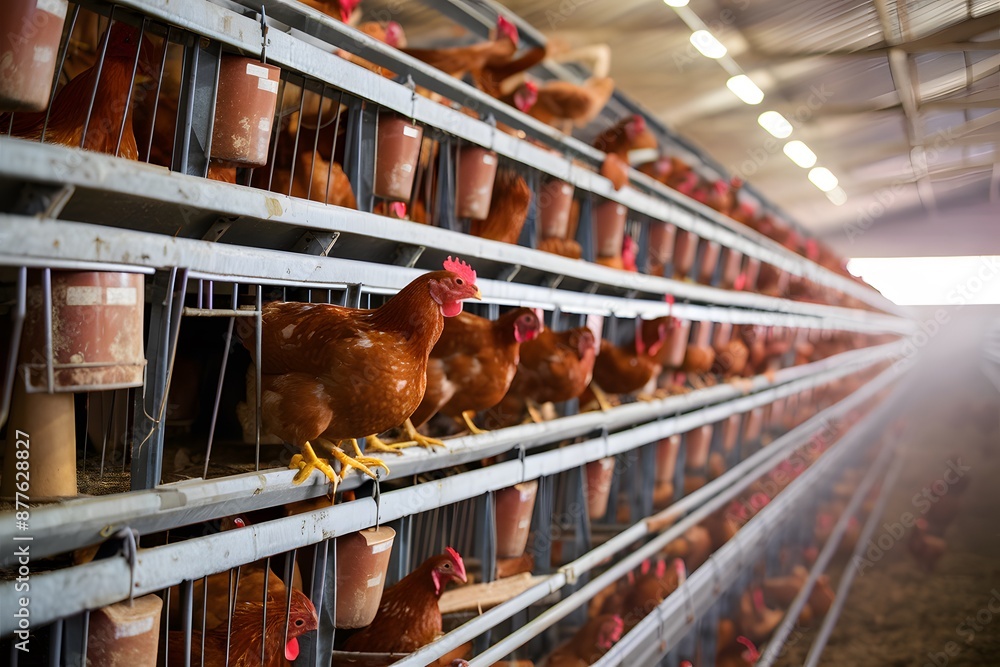 Multi tiered poultry farm cages with brown chickens, feeding apparatus ...