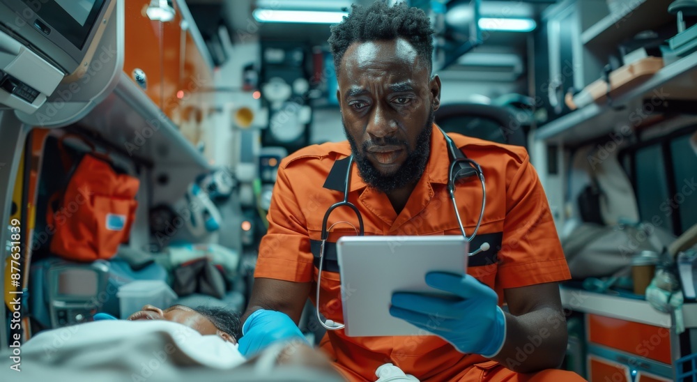 African American paramedic in ambulance checking patient details on ...