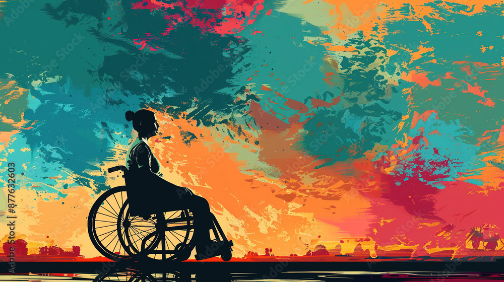 Silhouette of a disabled woman in a wheelchair practicing sports ...